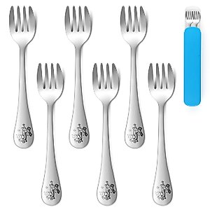E-far Toddler Forks, 6-Piece Stainless Steel Kids Utensils Fork for Baby Self Feeding, Attached Portable Case & Cute Animal Pattern, Solid Metal & Small Size, Rust Free & Dishwasher Safe