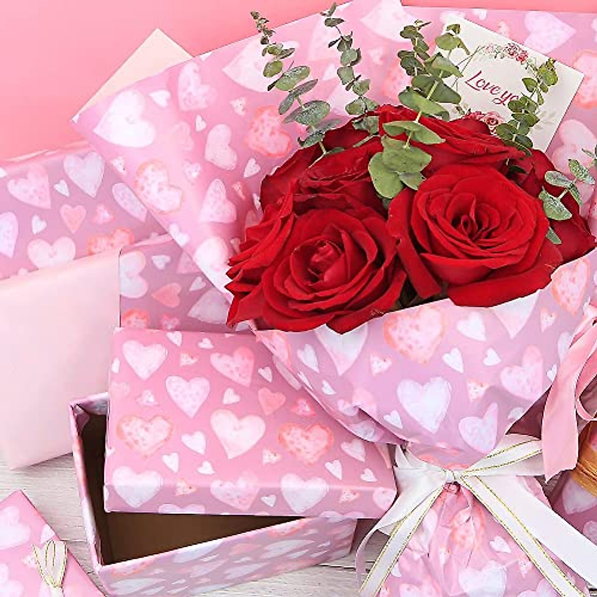 Valentine's Day Wrapping Paper, Reversible Heart Wrapping Paper, Pink Gift Wrapping Paper, 4 sheets 20x28 inches per sheet, Gift Wrap for Mothers Day, Valentines Day, Lover Birthday, Wedding, Anniversary