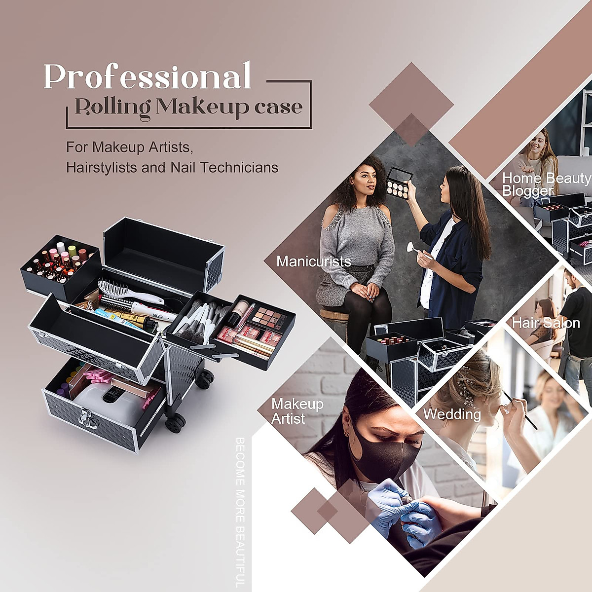Adazzo Professional Rolling Makeup Case for Makeup Artists Multi-functional Cosmetic Train Case Large Storage Case for Nail Technicians Cosmetology Case with Compartments for Hairstylist