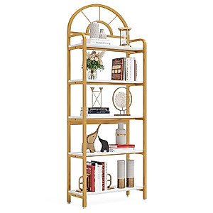 LITTLE TREE 5 Tier Bookcases Arched Bookshelf, Freestanding Tall Display Shelves, Heavy Duty Metal Frame Decorative Shelf for Living Room Bedroom Study Room, White Gold