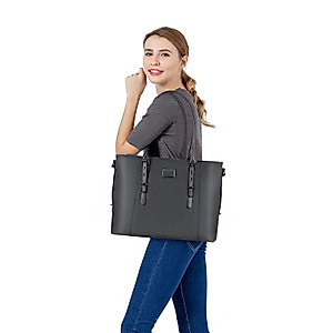 MOSISO PU Leather Laptop Tote Bag for Women (15-16 inch), Waterproof Large Capacity Business Work Briefcase Shoulder Laptop Bag, Gray