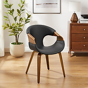 Art Leon Desk Chair No Wheels - Mid Century Modern Chair, Faux Leather Upholstered Office Chair with Wood Legs for Living Room Bedroom, Walnut Bentwood, Black