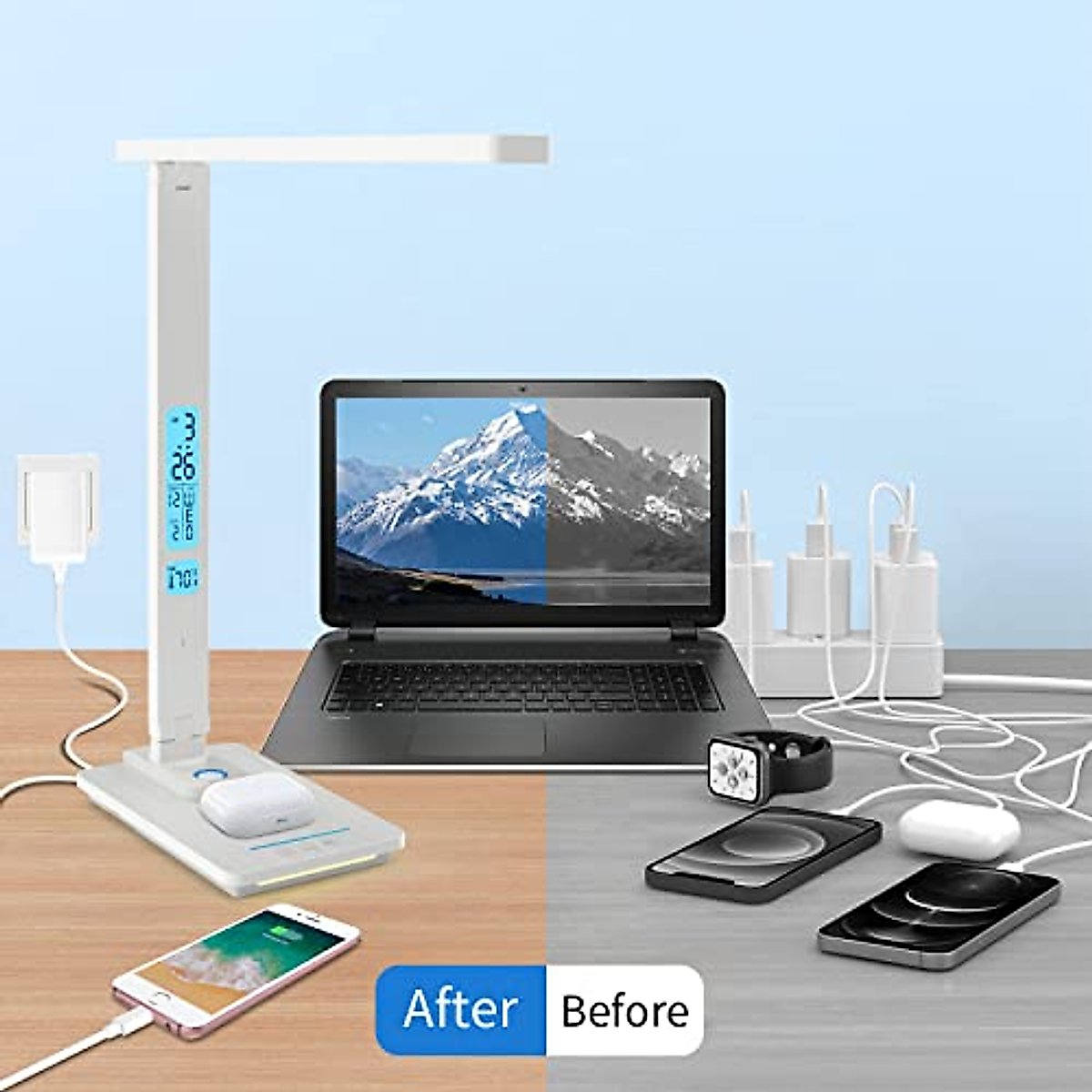 LED Desk Lamp with Wireless Charger, USB Charging Port, Desk Lamps for Home Office with 2 Night Lights & 5 Color Modes & 5 Brightness, Touch Control Desk Light with Clock, Alarm, Date, Temperature