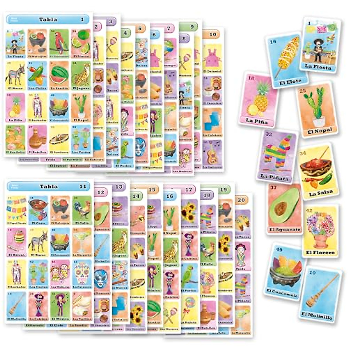 Fiesta Themed Tablas Game in Spanish for Up to 20 Players - 20 Playing Boards and Full Deck Calling Cards