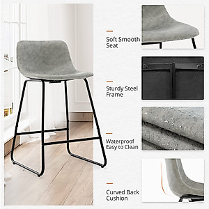 LUE BONA Bar Stools Set of 4, 24" ALX Faux Leather Barstools, Modern Counter Height Stools with Back and Metal Legs, Armless Counter Chairs for Kitchen Island, Grey