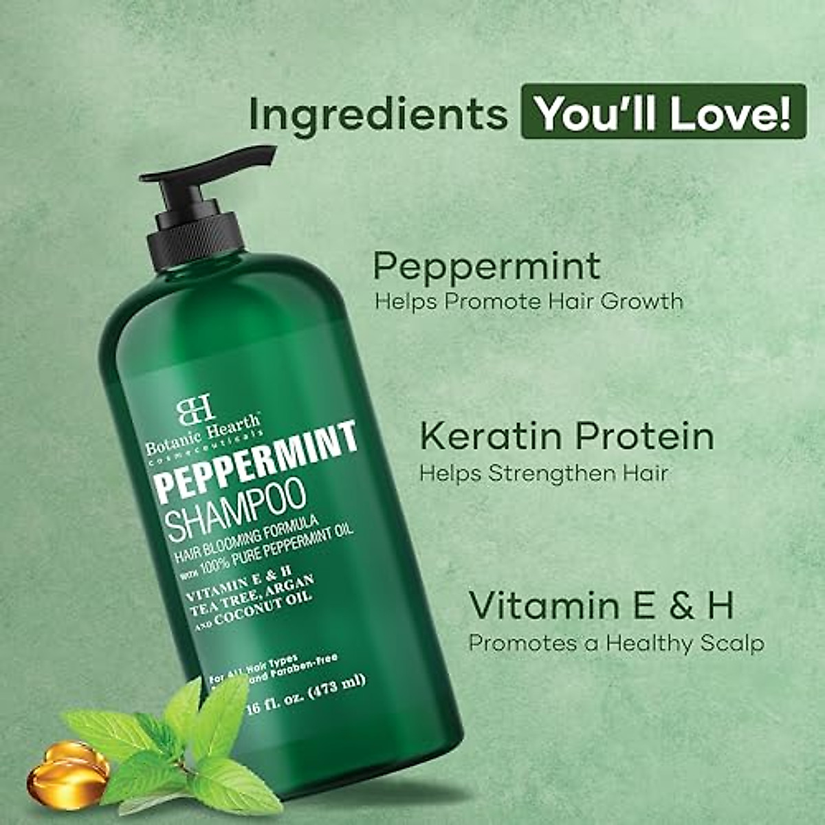 BOTANIC HEARTH Peppermint Oil Shampoo - Hair Blooming Formula with Keratin for Thinning Hair - Fights Hair Loss, Promotes Hair Growth - Sulfate Free for Men and Women - 16 fl oz