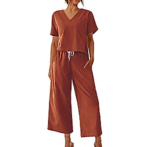 Ekouaer Women's 100% Cotton Linen Lounge Set Short Sleeve Top Wide Leg Pant Pajama Set Outfits,Clay,X-Large