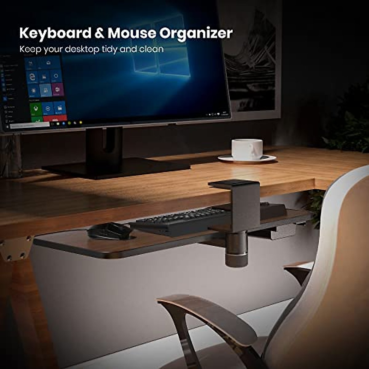 Keyboard Tray Under Desk,360 Rotating Keyboard&Mouse Tray with Drawer,Yikola Desk Extender Adjustable C-Clamp, Ergonomic Platform Tray Under Table,No Drilling Install 23.54'' x 9.8''in-Walnut Pattern