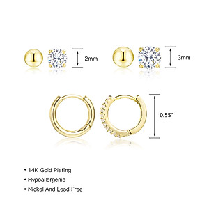 Earring Sets for Multiple Piercing | 14K Gold Plated Studs Earrings and Hoops Set Hypoallergenic Small Hoop CZ Ball Studs Earrings for Women Trendy（6 Pairs）