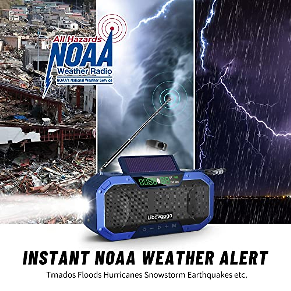 Emergency Radio Waterproof Bluetooth Speaker,Portable Digital AM FM Radio with Flashlight,Reading Lamp,Hand Crank NOAA Weather Radio with Solar Panel,5000mAH Cell Phone Charger,Emergency Survival Kit