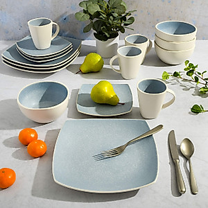 Gibson Soho Lounge Square Reactive Glaze Stoneware Dinnerware Set, Service for 4 (16pc), Aqua Blue