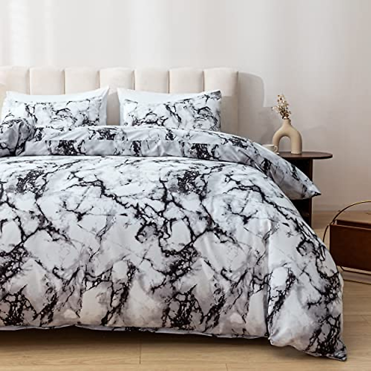 Smoofy Queen Marble White Comforter Set, White Marble Pattern Printed Soft Fabric with Brushed Microfiber Full Bed Sheets Fill Bedding Sets(1 Comforter, 2 Pillowcases)
