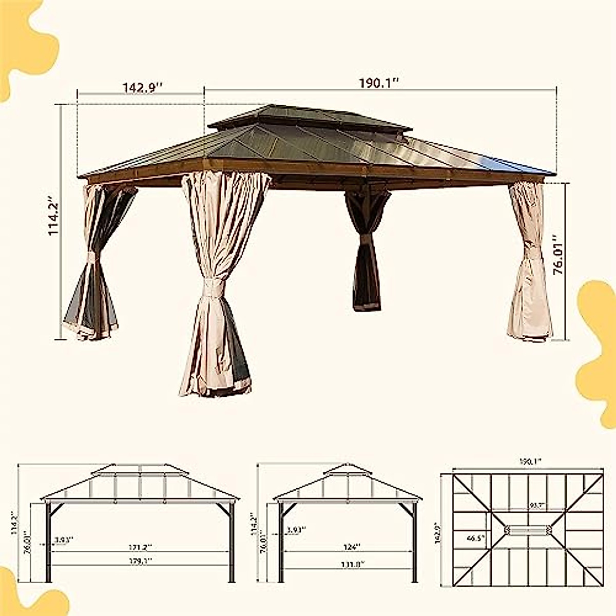 DHHU Outdoor Gazebo 12" x 16" FT Hardtop Aluminum Gazebo, Outdoor Metal Frame Canopy Gazebo with Privacy Sidewalls, All-Weather Gazebo Canopy for Patio, Garden, Backyard