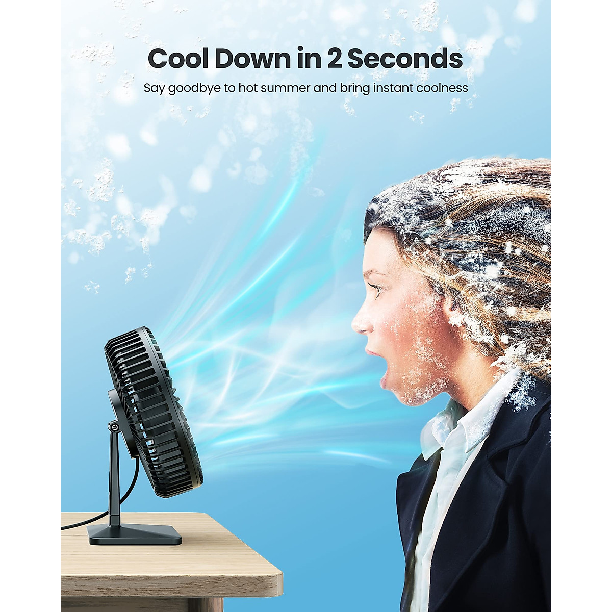 Gaiatop USB Desk Fan, Portable Powerful Small Table Fan, 6.5 Inch Quiet 4 Speeds Wind Desktop Personal Fan, 90° Rotate Mini Fan for Better Cooling Room, Office, Travel (Blue)