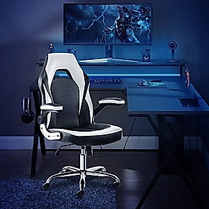 Gaming Chair - Ergonomic Office Chair Flip-up Armrest and Height Adjustable Desk Splicing PU Leather Computer Chair with Lumbar Support, White