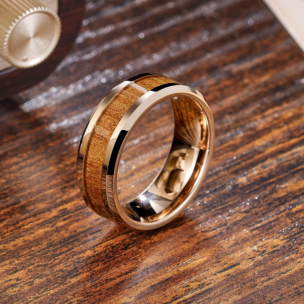 King Will Nature Koa Wood Inlay Tungsten Carbide Wedding Ring 8mm Rose Gold High Polished Comfort Fit 9.5