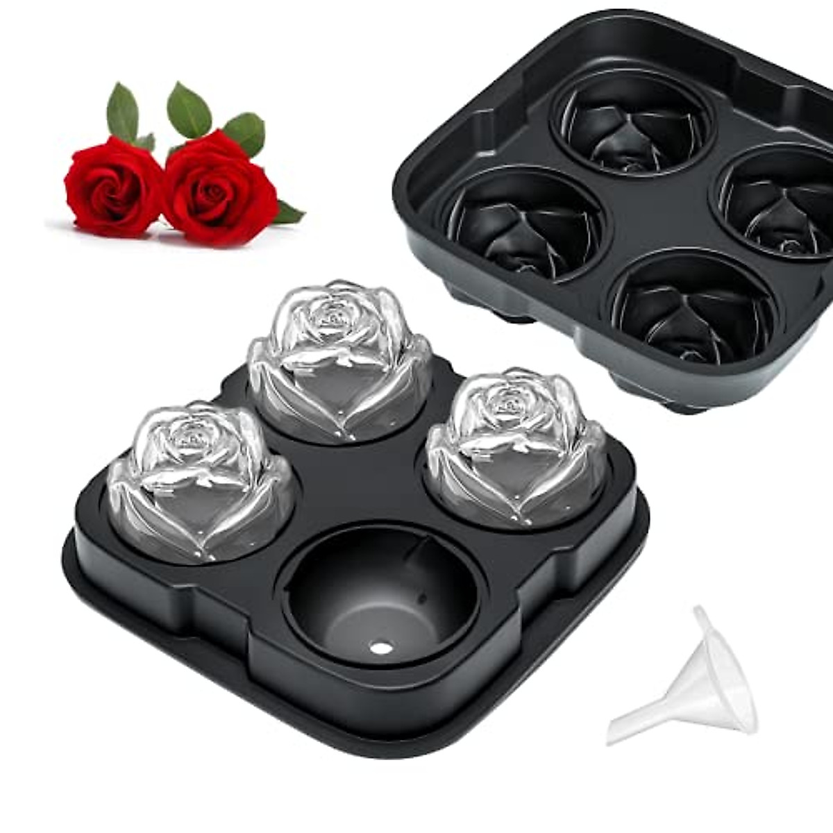 Ice Cube Tray, ROTTAY Rose Ice Cube Maker, Makes Four 2.5inch Rose Shaped Ice Cubes, Easy Release Ice Ball Maker, Novelty Drink Tray For Chilled Drinks, Whiskey & Cocktails, Homemade
