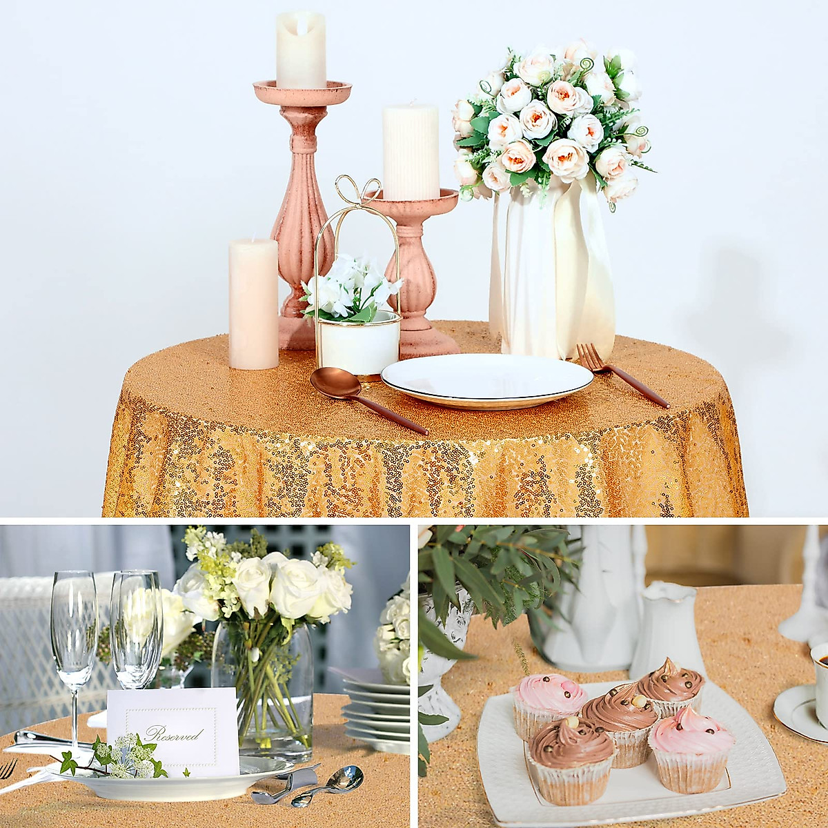 Moukeren 10 Pcs 50''x50'' Square Sequin Tablecloth Glitter Tablecloth Overlays Sequin Table Cover for Bridal Shower, Wedding Birthday, Wedding, Dessert, Banquet Decorations (Gold)