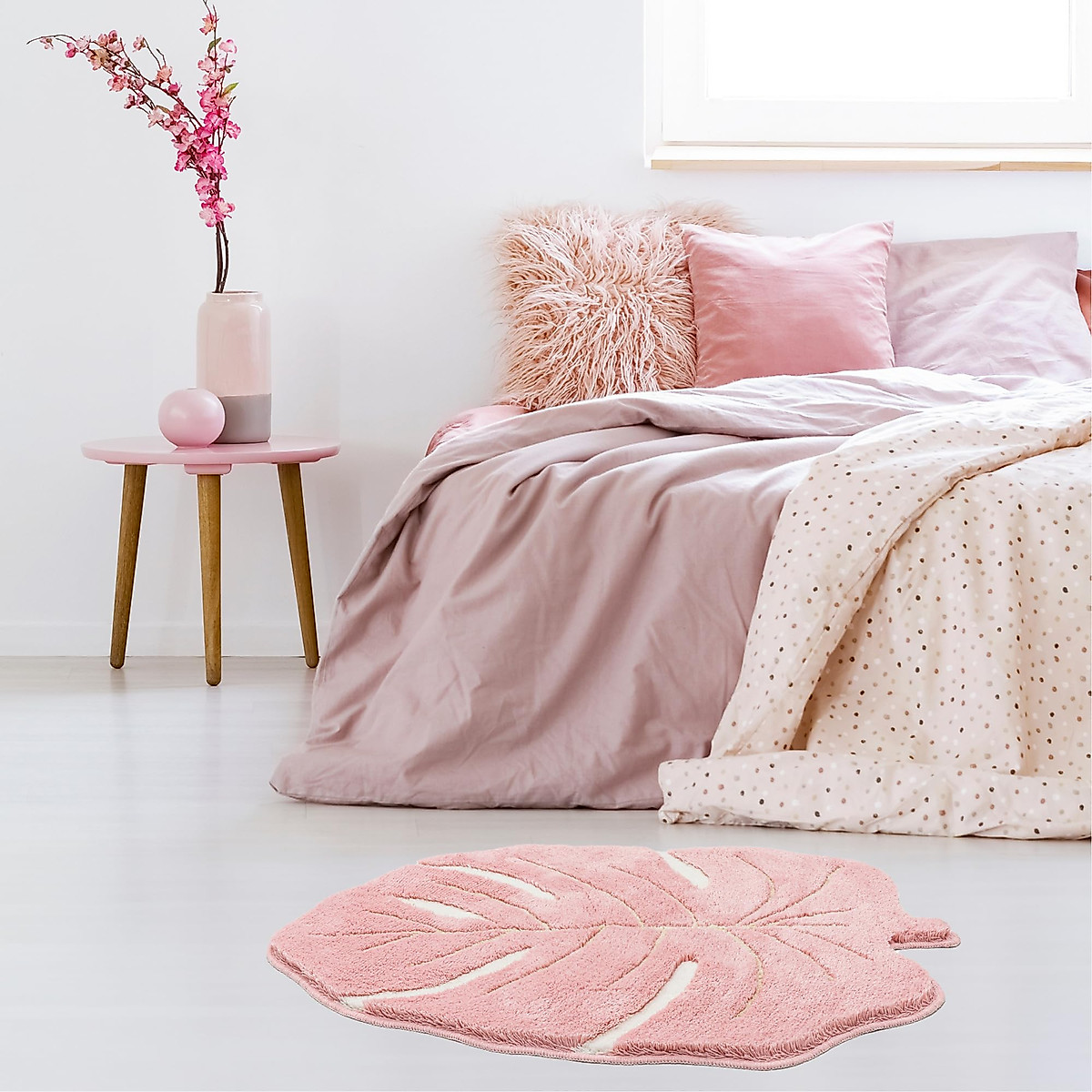 Beyond Deco Hand Tufted Monstera Pink leaf Rug 47x31 inches, non slip soft palm tree plant Area Rug, Anime non slip machine washable bath mats for shower