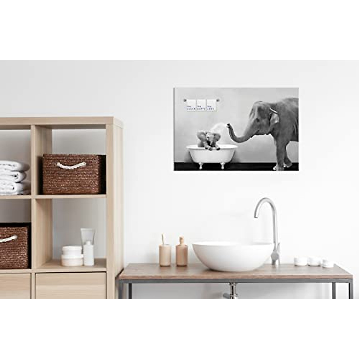 Piy Painting Elephant Bathroom Decor Wall Art, Funny Canvas Prints of Mother and Child Playing Water in Bath Crock, Warm Bathtub Picture with Keep Clean, Keep Happy, Keep Love Words Motivating Kids.
