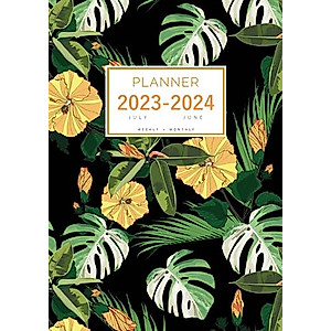 Planner July 2023-2024 June: A4 Weekly and Monthly Organizer | Summer Tropical Floral Design Black
