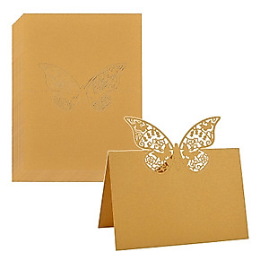 URROMA 3D-Butterfly Place Cards, 50 Pcs Gold Name Place Cards Laser Cut Design Table Cards Guest Name Food Signs for Table Setting Reception Party