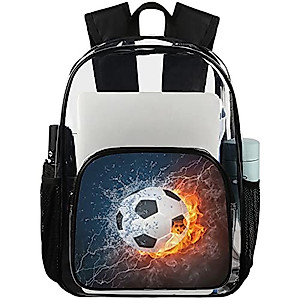 Sport Football Clear Backpack, Fire and Water Soccer Heavy Duty PVC Transparent Backpack See Through Waterproof Backpacks Large Bookbag with Adjustable Shoulder Straps for Work Travel School College