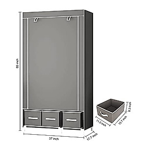 Portable Closet Organizers and Storage Clothes Rack Wardrobe Closet for Hanging Clothes Closet Storage Organizer with Three Drawer Boxes Non-Woven Fabric Cover Easy Assembly 37”L × 17.7”W × 65”H