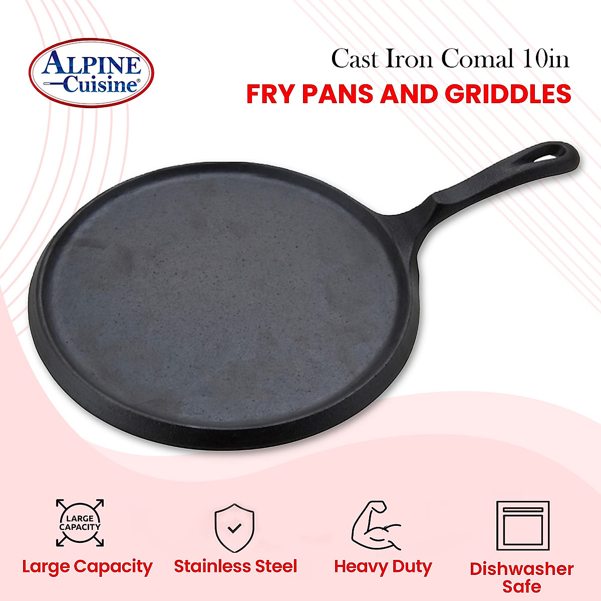 Alpine Cuisine Round Comal Cast Iron 10 Inch Seasoned Coating Black with Durable Single Handle – Comfortable Comal For Cooking, Even Heating & Versatile Kitchen Cookware Color Sleeve Bag Packing