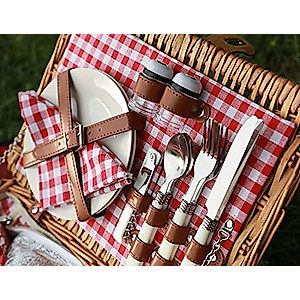 Wicker Picnic Basket for 2 Person, Willow Hamper Basket Sets with Insulated Compartment, Handmade 2 Person Picnic Basket Classical Red Check with Utensils Cutlery Perfect for Picnic, Camping