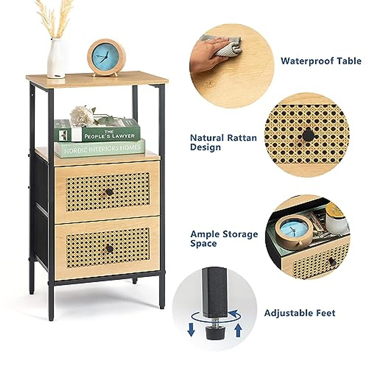 DOVAMY Rattan Nightstand with 2 Drawers, End Table for Small Spaces, Side Table with Storage for Bedroom, Living Room, Dorm, 27.5'' Bed Stand with Open Shelf, Beige BN03B