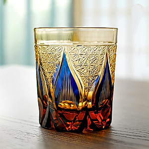 JIACI Edo Kiriko style Hand Cut Crystal Glass Tumbler Whisky 260ml Tumbler For Whiskey-Cocktail-Vodka-Beer Drinkingware Glasses Crystal Whiskey With Gift Box (Amber Blue)