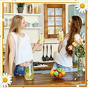 Hoolerry Daisy Flower Glass Cups with Lids and Straws 18 oz Iced Coffee Cup Drinking Glasses with Bamboo Lids Cute Flower Glass Coffee Tumbler Glasses for Home Office Kitchen (4 Pcs)