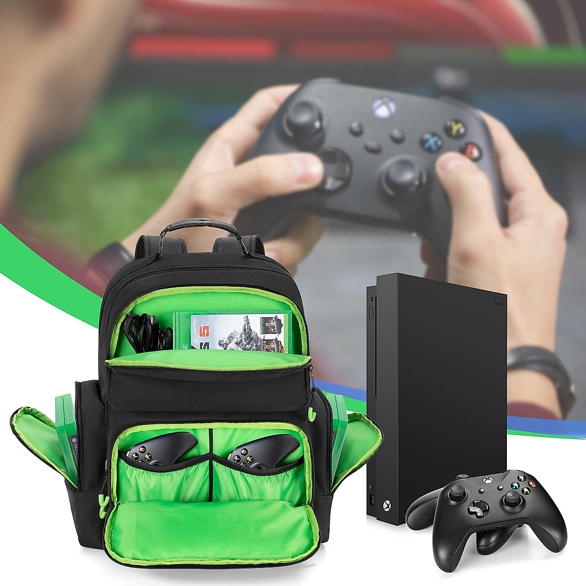 PGmoon Game Console Backpack Compatible with Xbox One/One S/ One X, Xbox Series S, Xbox 360/ 360 Slim, Travel Carrying Case Bag for 15.6’’ Laptop, Controllers, Cables (Patent Design)