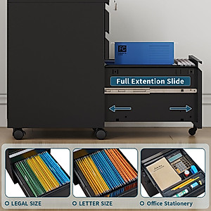 MIIIKO 3 Drawer File Cabinet, Metal Filing Cabinet with Lock Rolling Wheels, Office Storage Under Desk,Deep Drawers for Hanging Legal Letter Fill, Full Assembled Except Casters