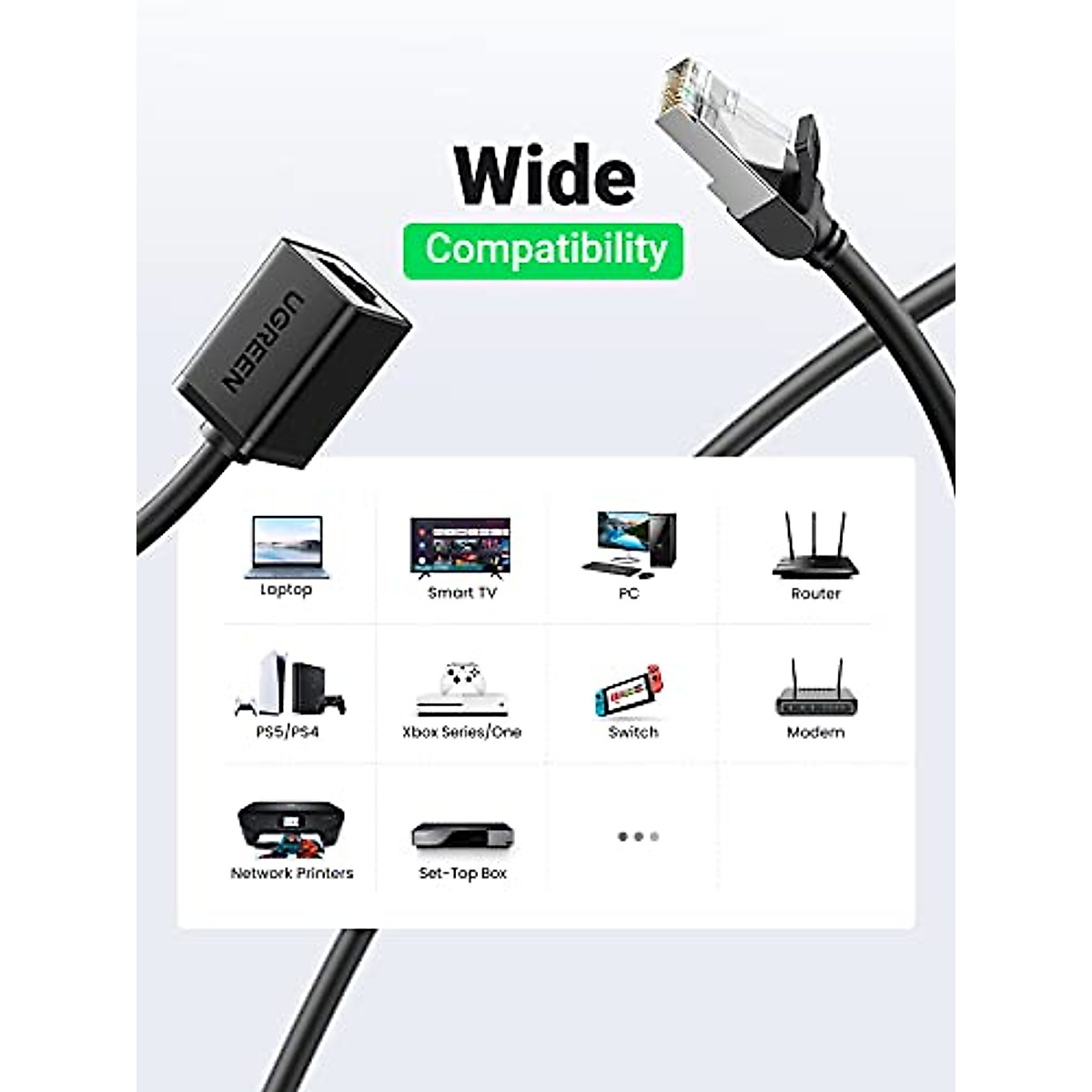 UGREEN Ethernet Extension Cable Cat6 LAN Cable Extender Cat 6 RJ45 Network Patch Cord Male to Female Connector for Router Modem Smart TV PC Computer Laptop 10FT