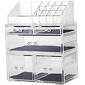 Sooyee Makeup Organizer,Acrylic Cosmetic Organizer Storage Drawers Jewelry and Cosmetic Display Cases Box(5 Drawers 7 Tiers) 3 Pieces Stackable,Clear