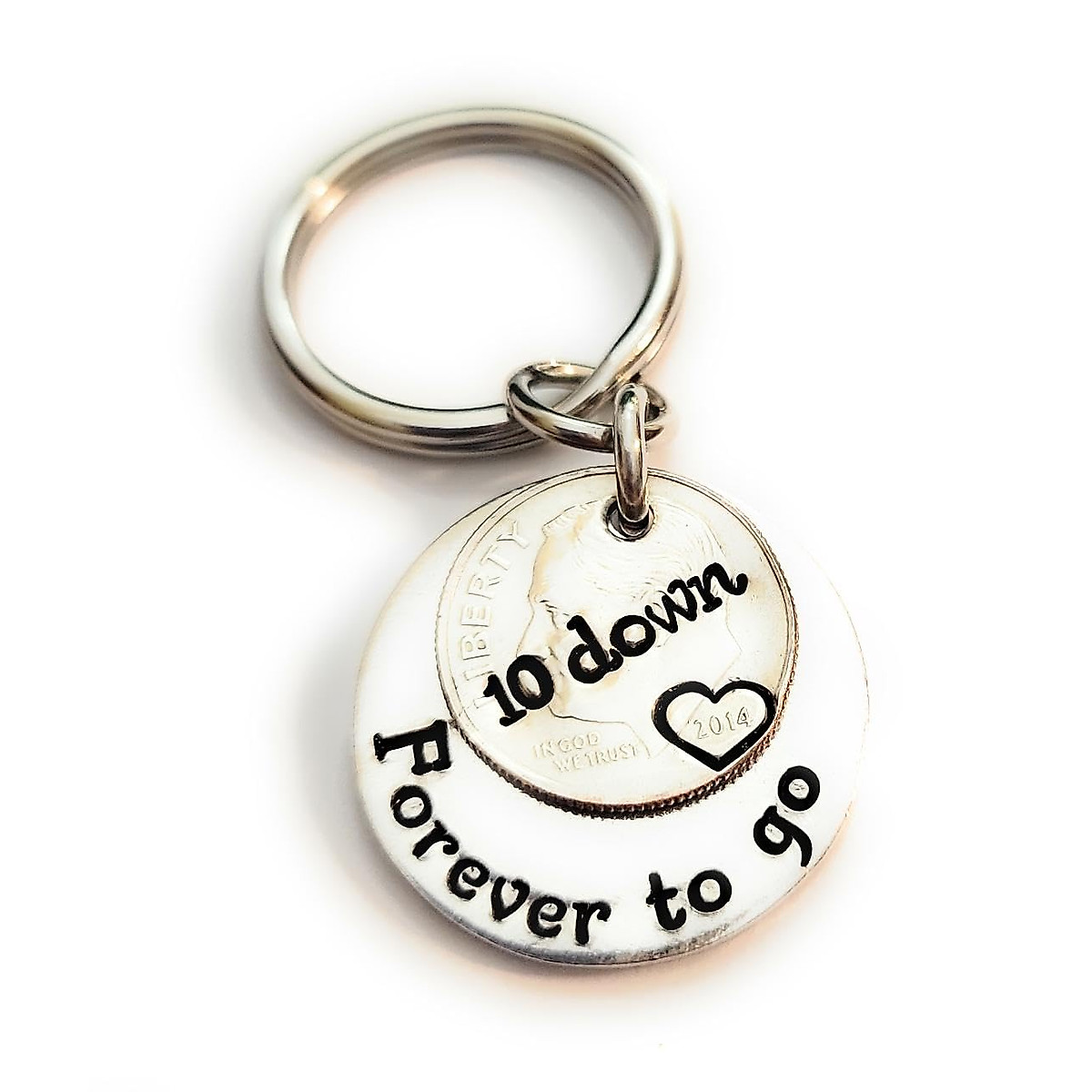 10 Down and Forever To Go 10th Year Anniversary Gift Key Chain with a 2014 Dime and Silver Aluminum Charm