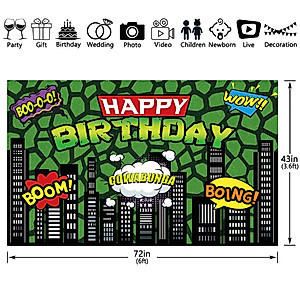 Yriujul 72x43inch Fabric Ninja Superhero Birthday Backdrop Green Comics Cityscape Buildings Photography Background Boy Kids Party Decorations Photo Banner Props