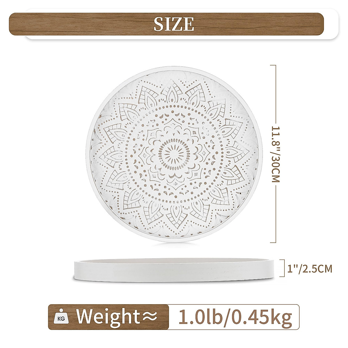 Hanobe Decorative Coffee Table Tray: Round Wood Trays for Boho Home Decor White Farmhouse Rustic Centerpiece for Living Dining Room Ottoman Kitchen Counter 12 Inch