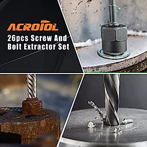 ACROTOL 26 Pieces Bolt Extractor Set, Spiral Screw Extractor Set and Drill Bits, Extraction Socket Set for Removing Damaged, Rusted, Rounded Bolts, Nuts and Screws