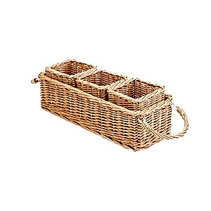 GYASVWU 3 Compartment Wicker Kitchen Flatware Storage Basket Utensil Holder with 3 Removable Storage Cups and Flexible Handles Handmde Baskets for Spoons, Knives, Forks (Wicker)