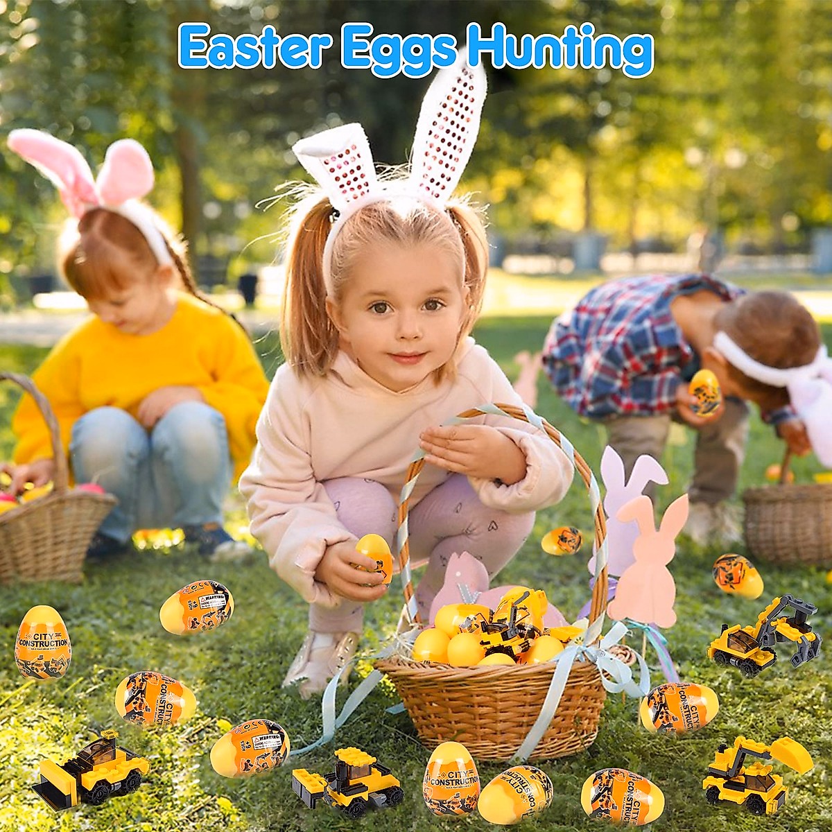 EZIGO Easter Eggs Fillers with Construction Vehicles Building Blocks, 12 Pack Bulk Toy, Basket Stuffers Easter Party Favors Supplies Classroom Prize Easter Hunts Gift for Kids