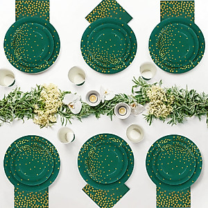 Boocikey 150 PCS Green Plates and Napkins Party Supplies,Golden Dot Green Paper Plates for 50 Guests,Green and Gold Party Decorations for Holiday Wedding Graduation Christmas Party Decorations