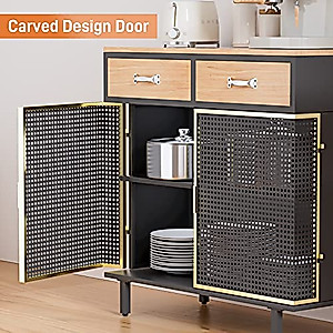 Rophefx 2 Doors Kitchen Sideboard with 2 Drawers Accent Cabinet for Storage with Hollow Doors Entryway Cupboard with Built-in Shelf Iron Accent Cabinet with Carbonized Bamboo Top