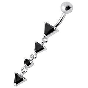 Black Gemstone Fancy Triple Triangle Gems Dangling 925 Sterling Silver with Stainless Steel Belly Button Navel Rings