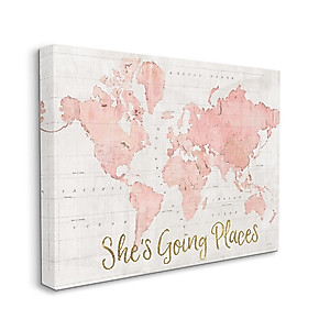 Stupell Industries She's Going Places Quote Pink Watercolor World Map, Canvas, ab-961_cn_16x20, 16 x 20