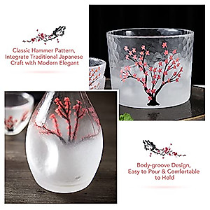 DUJUST Japanese Sake Set for 4, Handcraft Pink Cherry Blossoms Design, 1 Sake Bottle, 1 Sake Tank and 4 Sake Cups, Cold/Warm/Hot Sake Carafe, Special Japanese Gifts Set - 6 pcs