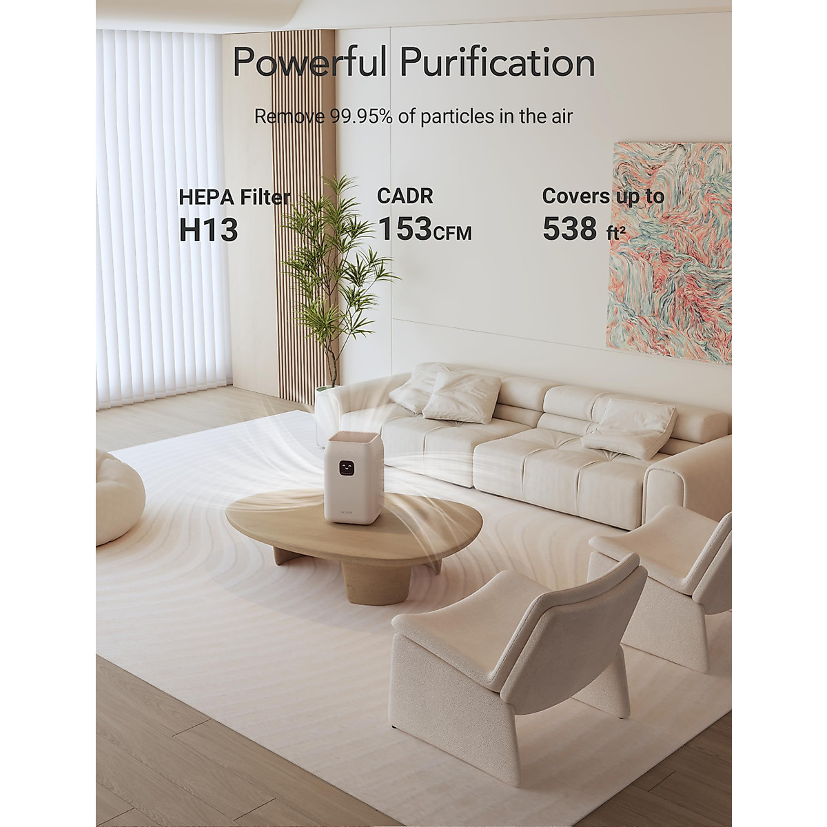 Nooie WiFi Air Purifier,H13 HEPA Filter Remove 99.97% Dust, Pollen, Smoke up to 538 Sq.Ft. For Pets Allergies,Baby friendly Air Purifier With Ultra Low Noise Sleep