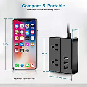 Power Strip with 2 Outlets and 3 USB Ports (1250W/10A), Desktop Charging Station 5 ft Extension Cord, No Surge Protector, Small Size for Home, Indoor, Dorm Room Essentials, Office - Black